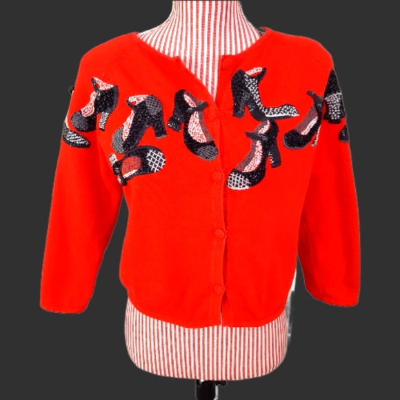 Michael Simon | Sweaters | Vintage Michael Simon Red Crop Cardigan Beaded High Heels Small ...